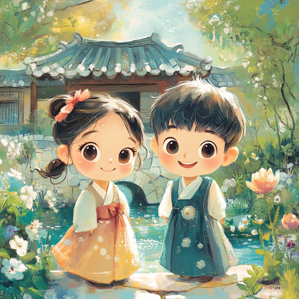 한국의 귀엽고 앙증맞은 여자아이와 남자아이를 사랑스럽고 밝은 분위기로 표현 화사한 색감과 큰 눈 웃는 얼굴 전통 한복을 입고 있는 모습 배경은 한국의 전통적인 정원
