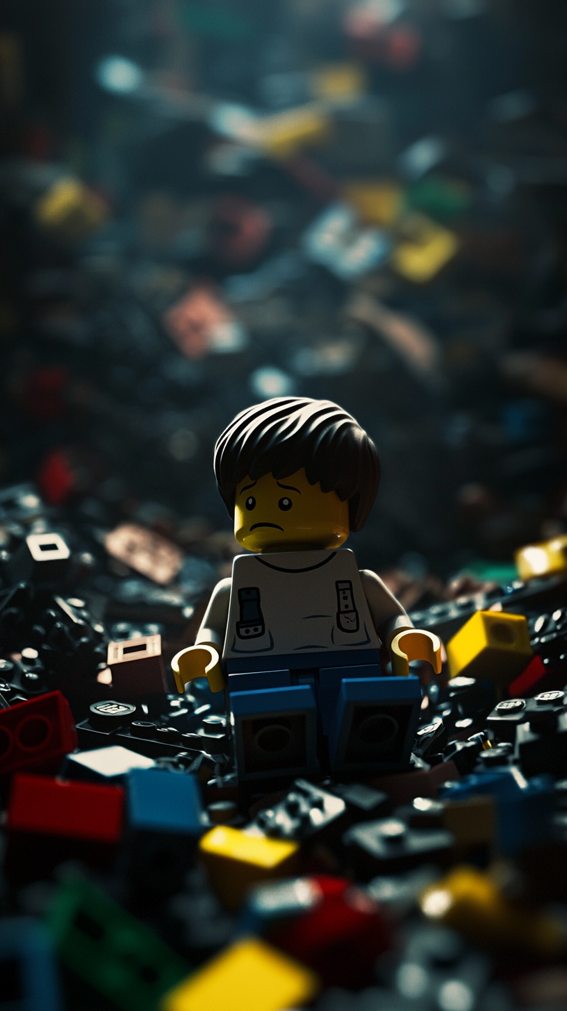 어두운 장면 속 쓰레기더미에 앉아 있는 버려진 아이 레고, 울고 있는 표정, 전체적으로 어두운 분위기, 슬픔이 느껴지는 장면 ...