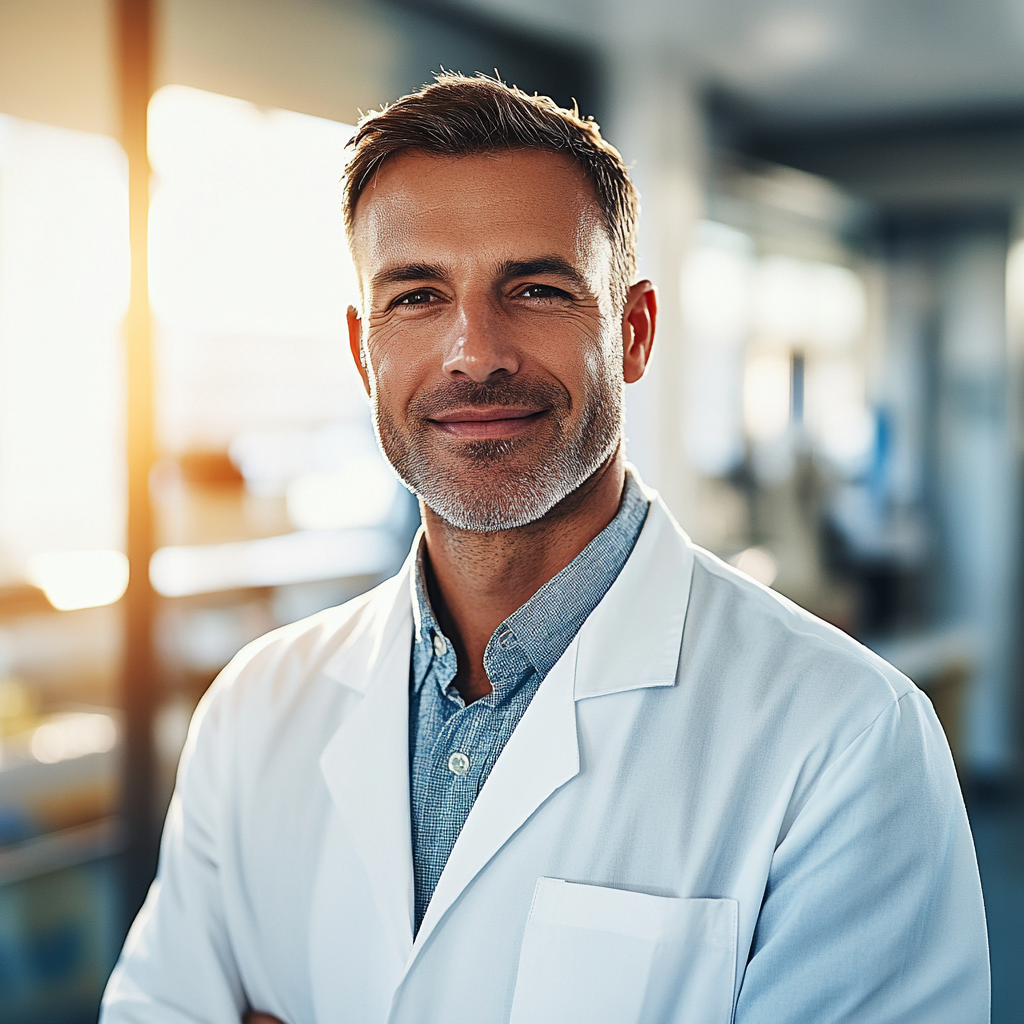 하얀 실험실 가운을 입고 있는 중년의 남성 친근하고 신뢰감 있는 표정 깔끔한 헤어스타일 현대적인 실험실 배경 밝고 환한 조명 전문적이고 차분한 분위기 고급스러운