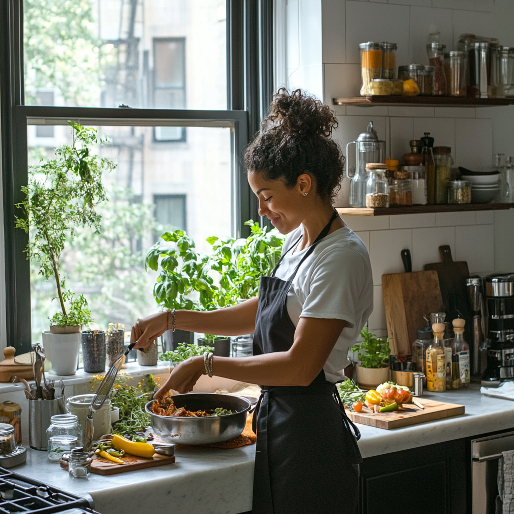 따뜻한 주방에서 요리하는 중인 사람 신선한 재료들이 가득한 조리대 밝고 환한 조명 아래에서 다양한 향신료와 허브를 사용하여 요리를 준비하는 모습 주방 도구들이 깔끔하게