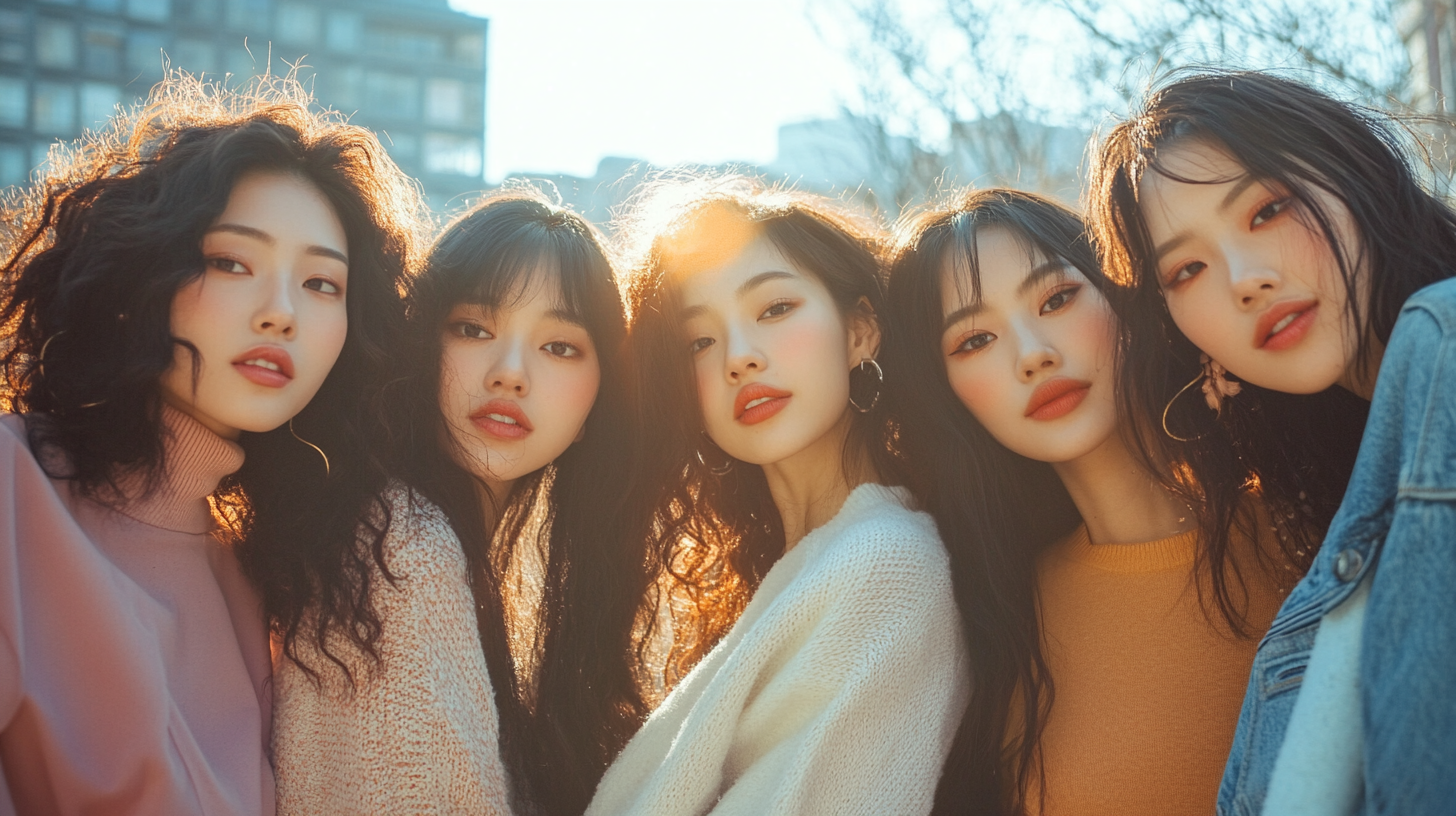 밝고 자연스러운 조명 아래에서 다양한 포즈를 취하고 있는 여러 명의 동양인 여성들 각기 다른 스타일의 캐주얼 의상을 입고 있으며 배경은 현대적인 도시 풍경 서로 다른