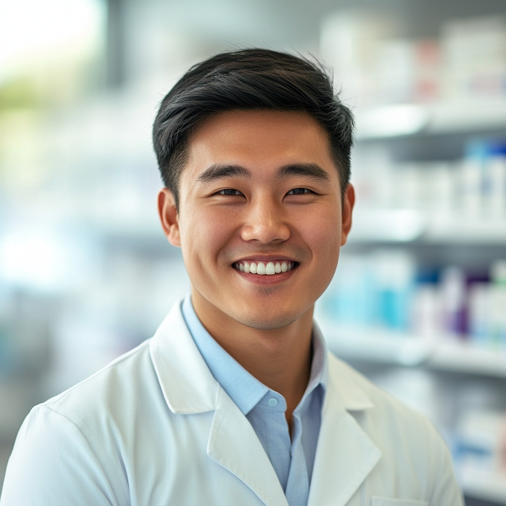 젊고 똑똑한 이미지를 가진 동양인 남성 약사 하얀 가운을 입고 있으며 밝고 친절한 미소를 짓고 있는 모습 약국의 깔끔하고 현대적인 배경 전문적이고 신뢰감을 주는 분위기