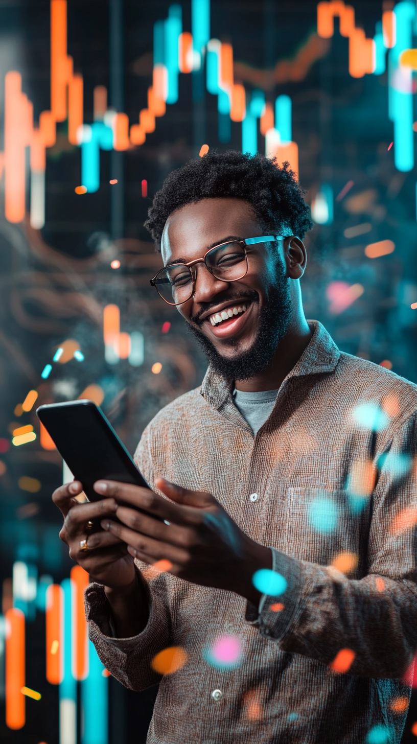 암호화폐 차트가 급등하는 모습을 배경으로 투자자가 기쁨에 찬 표정으로 스마트폰을 들고 있는 장면 투자자는 캐주얼한 옷차림이며
