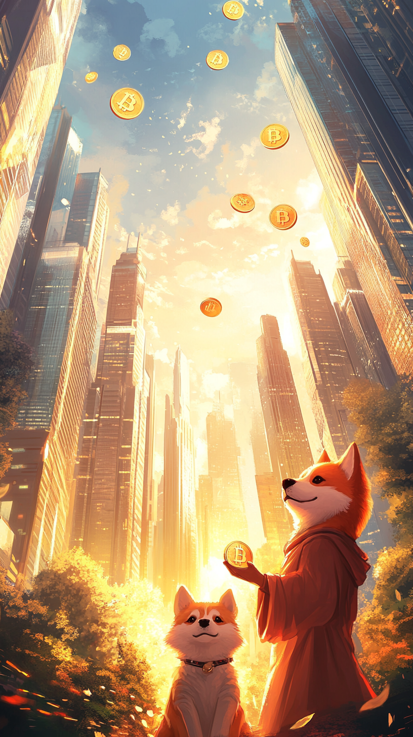 시바이누 코인과 함께 있는 한국인 투자자 배경은 높은 마천루가 있는 도시의 전망대 코인 그래프가 상승하는 모습 밝고 희망적인 분위기 따뜻한 햇살이 비치는 장면