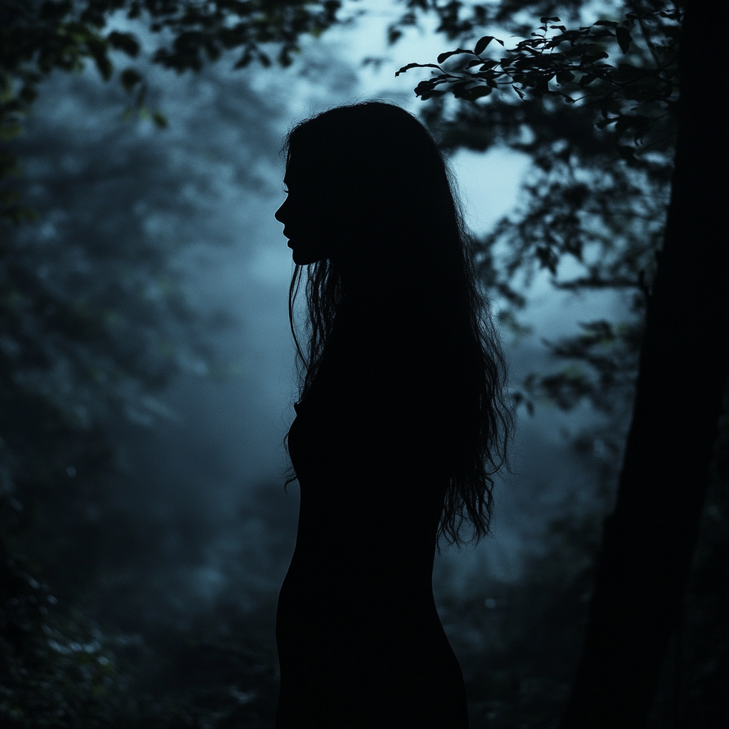 어두운 숲 속에서 긴 머리를 늘어뜨린 채 서 있는 무서운 분위기의 여자 흐릿한 달빛이 그녀의 얼굴을 은은하게 비추고 있으며 그녀의 눈은 빛나고 있다 주변에는 안개가