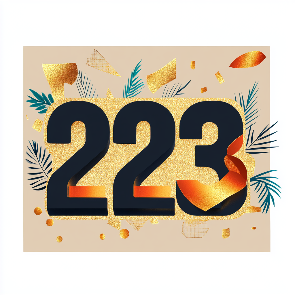 참조 이미지와 동일한 스타일과 색상으로 숫자 2023을 중앙에 크게 배치하고, 배경과 주변 요소는 참조 이미지의 느낌을 ...
