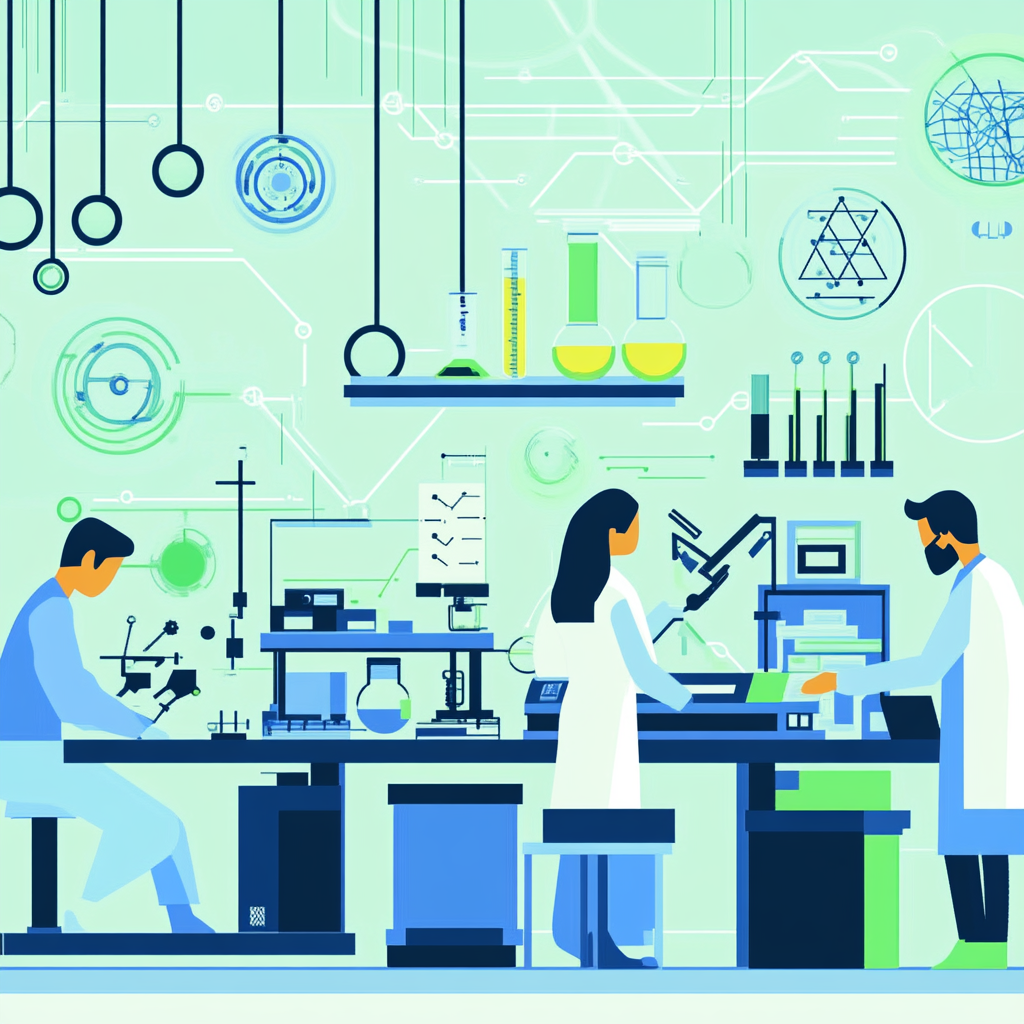 미래 지향적인 연구실 환경에서 다양한 과학 기구와 실험 장비가 배치된 모습 연구에 몰두하는 학생들이 서로 협력하며 데이터를 분석하는 장면 배경에는 첨단 기술을 상징하는