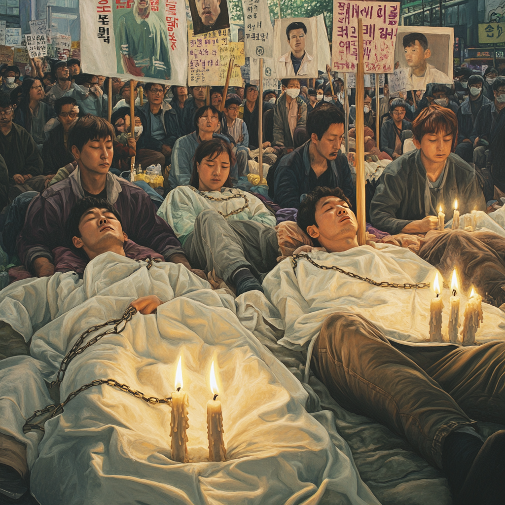 시위 현장 맨 앞에 놓인 향초 그 뒤로 환자복을 입고 한 줄로 누워 있는 사람들 손에는 쇠사슬이 묶여 있고 몸 위에는 흰 천이 덮여 있는 모습 주변에는 많은 사람들이