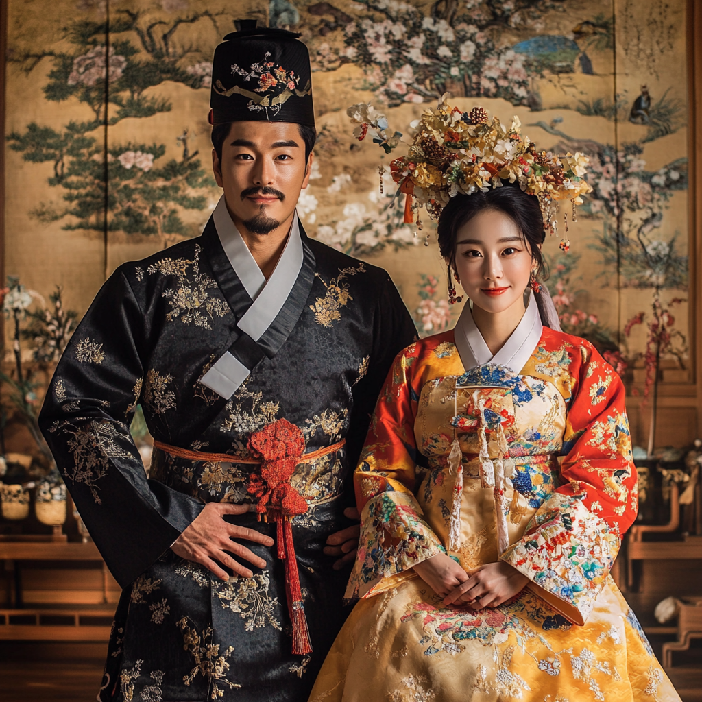 전통적인 한복을 입고 있는 성인 남성과 여성 성인식 의례를 재현하는 모습 고풍스러운 박물관 전시회 배경 섬세한 자수와 화려한 색상의 한복 디테일 조명에 비친 전통적인