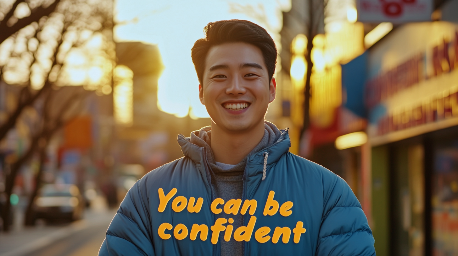 밝고 활기찬 배경에 자신감 넘치는 한국 남성이 미소를 지으며 서 있는 모습 그의 옆에는 자신감을 가질 수 있다라는 문구가 힘차고 긍정적인 글씨체로 삽입되어 있음