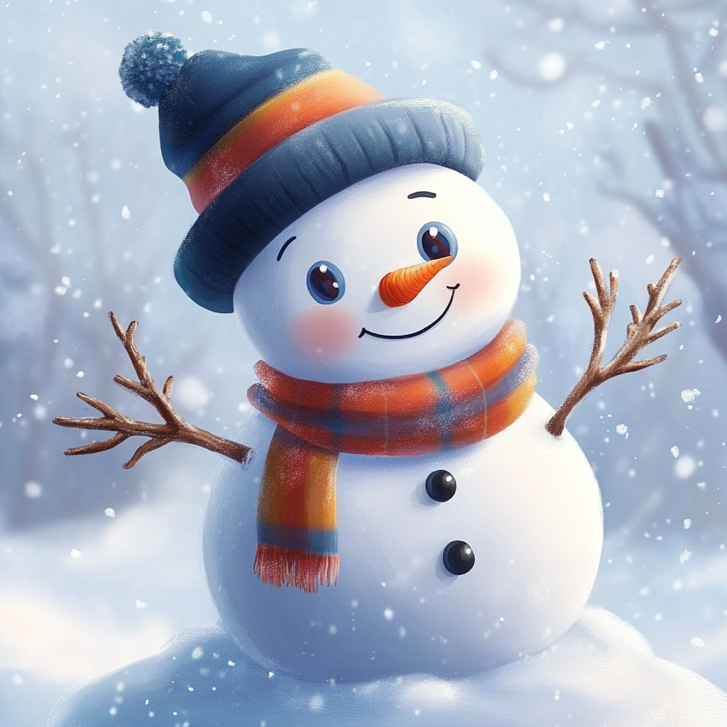 눈사람 캐릭터 귀여운 외모 큰 눈과 웃는 입 다양한 색상의 모자와 스카프 착용 손은 가지로 만들어진 모습 겨울 배경 부드러운 눈 내리는 장면 따뜻한 느낌 동화