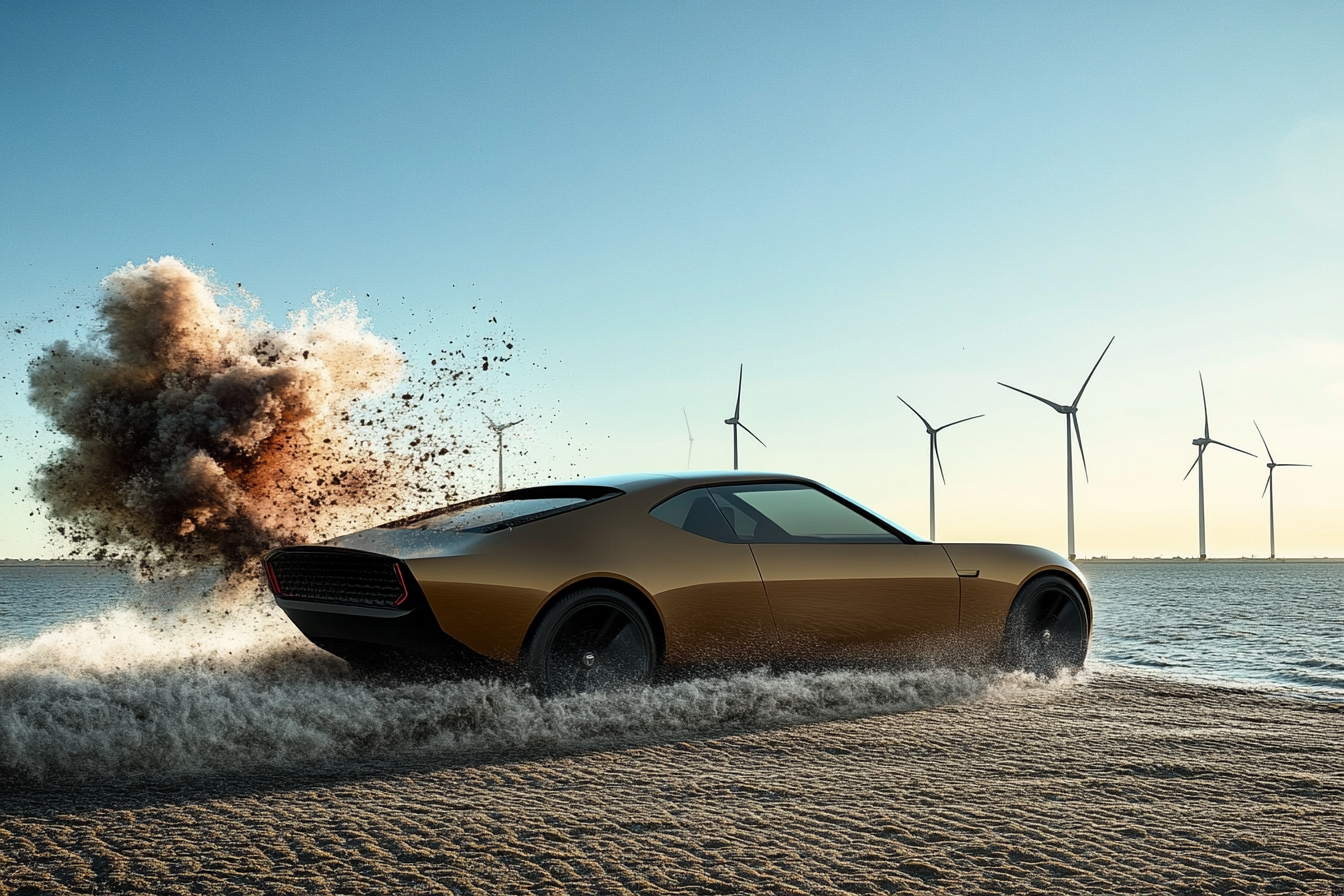 친환경 자동차가 바다를 가로지르며 태양을 등지고 있는 모습 자동차의 뒤쪽에서 폭발이 일어나고 있으며 풍력 발전기가 배경에 보이는 장면 자연과 조화를 이루는 미래적인