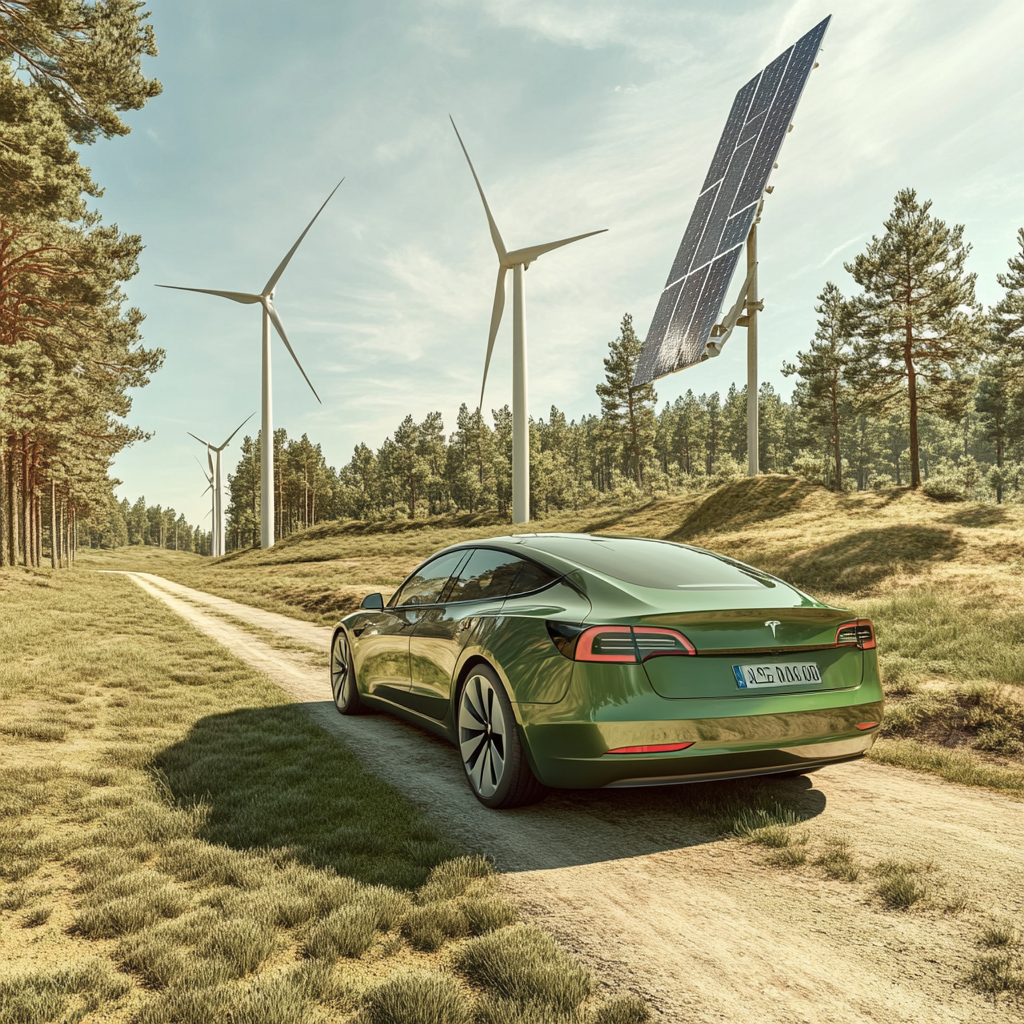 친환경 자동차가 도로를 달리고 있는 모습 현대적인 디자인의 전기차가 푸른 숲과 맑은 하늘을 배경으로 주행하고 있는 장면 차량 주변에는 태양광 패널과 풍력 발전기가 있는