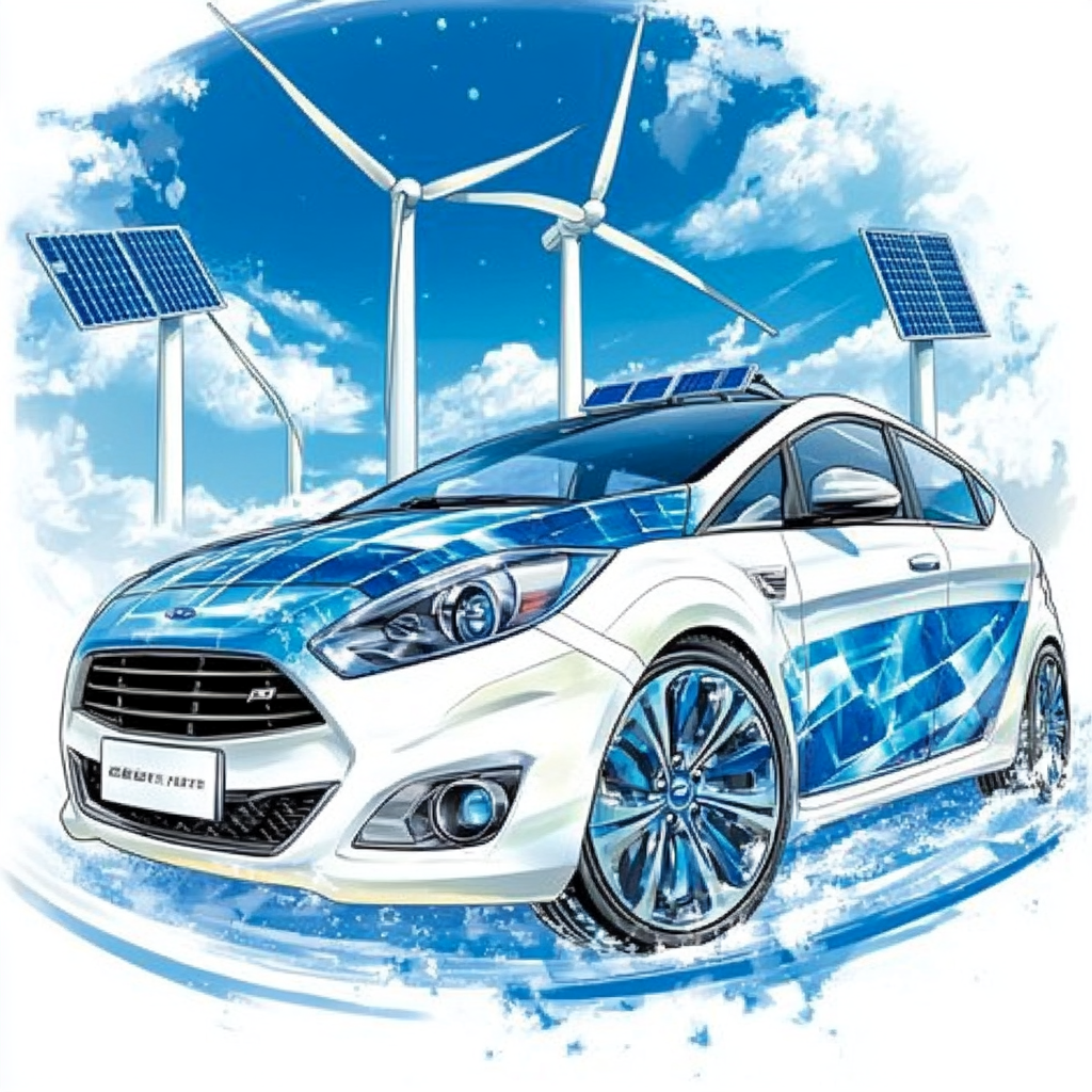 푸른색 풍력을 이용하는 자동차 모던하고 현실적이며 미래적인 디자인 매끄러운 곡선과 공기역학적 형태 푸른색과 흰색의 조화로운 색상 자연 친화적인 요소 강조 배경은
