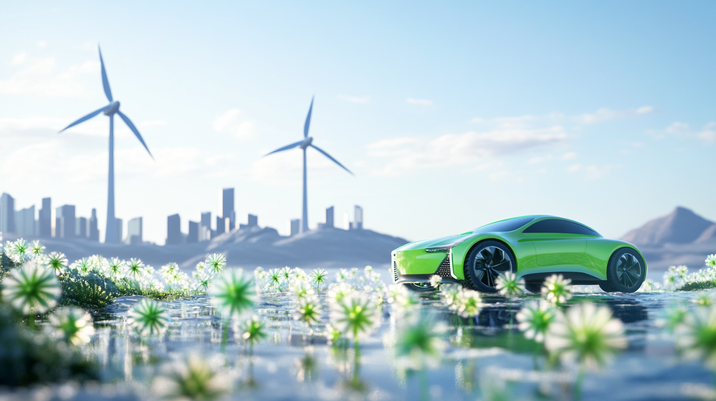 초록색 풍력자동차가 바람을 이용해 달리는 모습 현대적인 디자인과 친환경적인 요소가 강조된 차량 푸른 하늘과 맑은 자연 배경 바람개비와 함께하는 풍력 발전의 상징적인