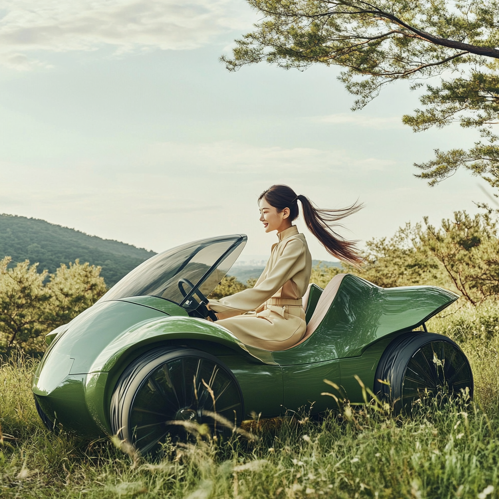 초록색 풍력자동차를 타고 있는 포니테일 머리의 한국인 여성 배경은 푸른 자연 풍경으로 바람에 흔들리는 나무와 맑은 하늘이 어우러진 모습 자동차의 디자인은 현대적이고