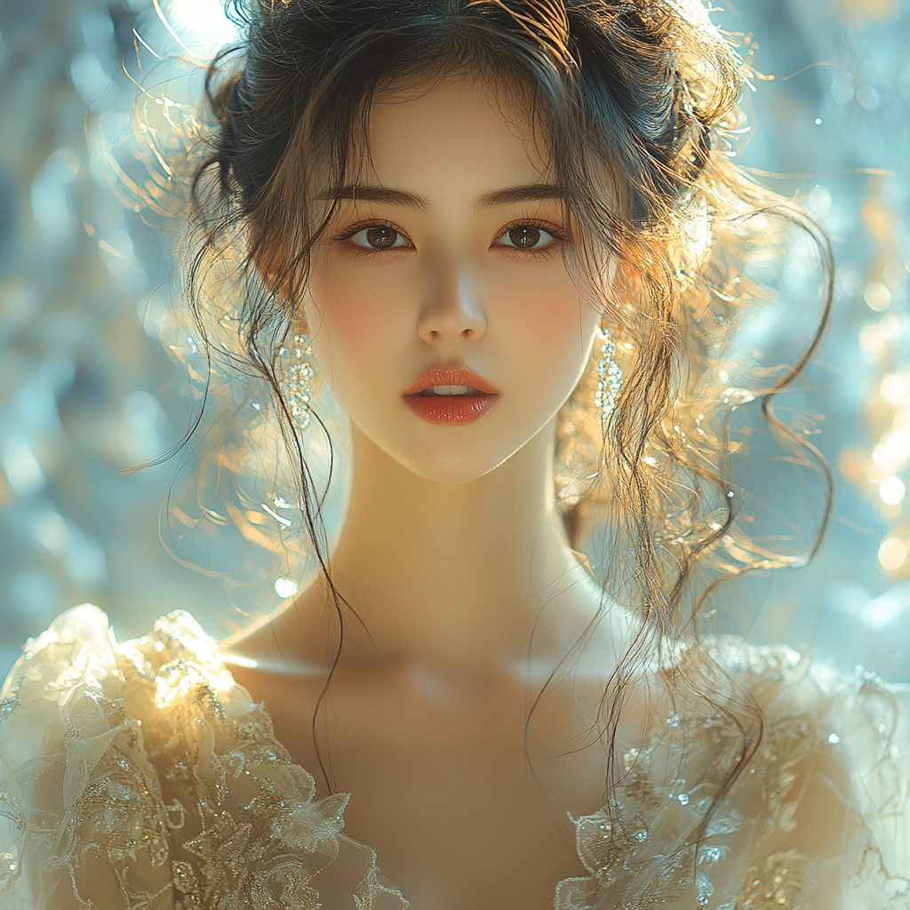 우아한 드레스를 입고 있는 일본 여성의 모습 화려한 배경에서 자연광이 비치는 환경 고급스러운 느낌의 드레스 디자인 부드러운 색조와 섬세한 디테일이 강조된 의상