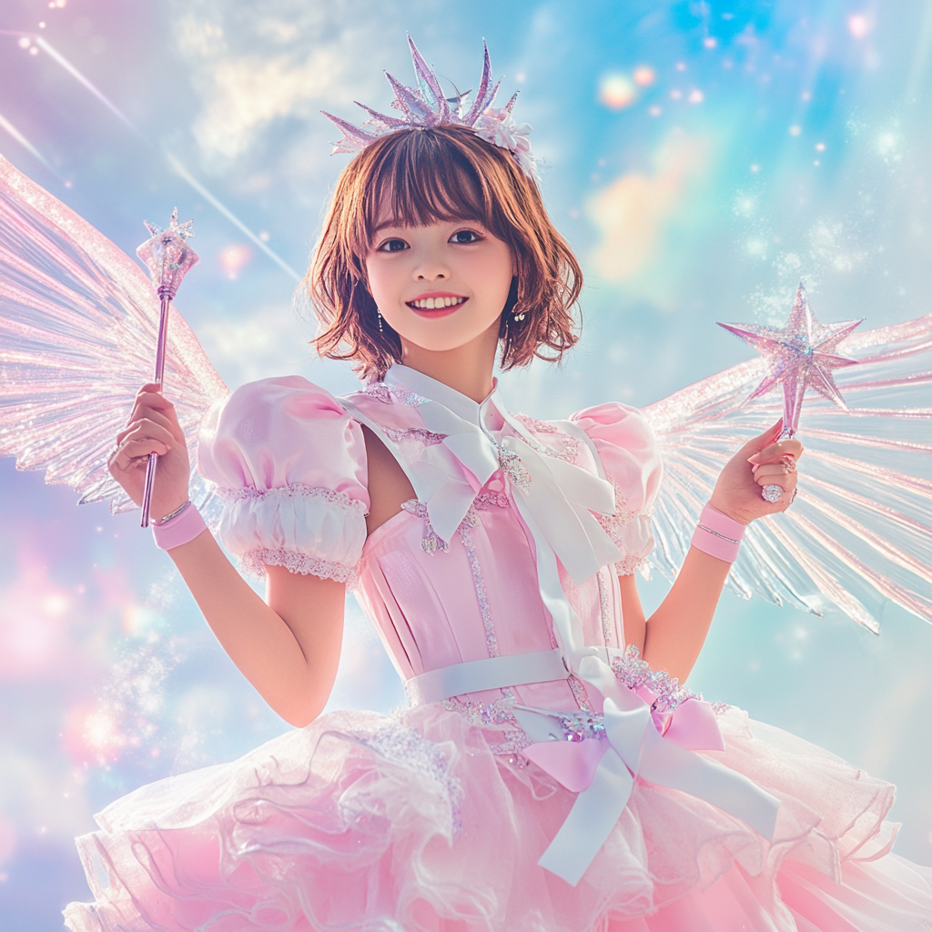 밝고 경쾌한 표정을 가진 젊은 일본인 소녀가 화려한 분홍색 마법 의상을 입고 있습니다 의상은 흰색 포인트가 포함된 퍼프 스커트와 리본 장식으로 구성되어 있습니다 그녀는
