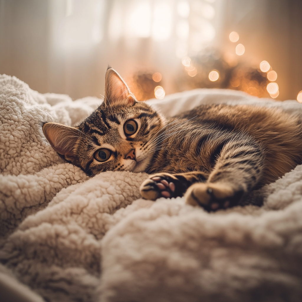 귀여운 고양이가 부드러운 담요 위에 편안하게 누워 있는 모습 큰 눈과 동그란 얼굴 작은 발과 솜털 같은 털 귀여운 자세로 몸을 둥글게 말고 있는 모습 따뜻한 햇살이
