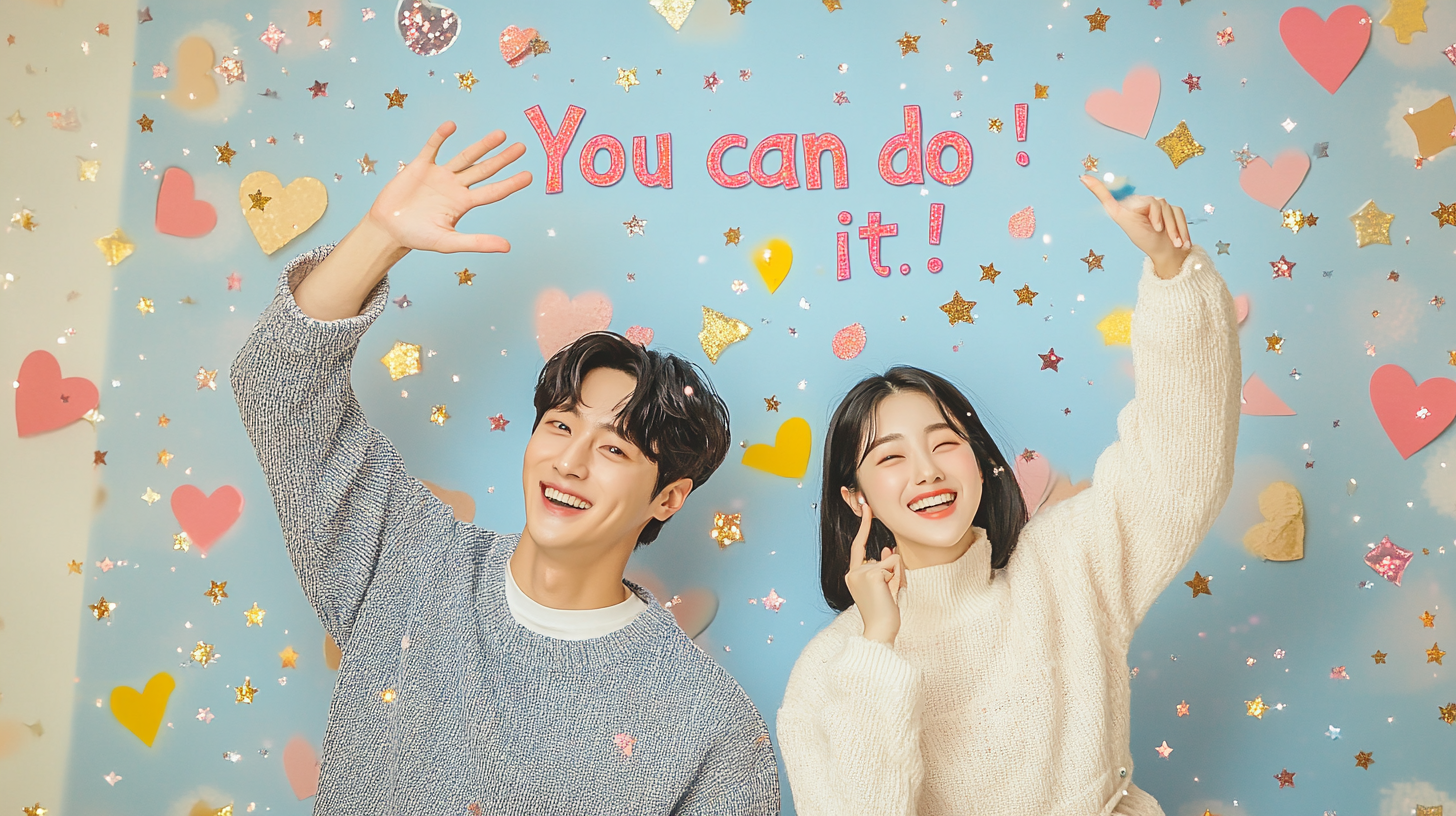 밝고 따뜻한 색감의 배경 위에 힘차게 손을 흔드는 한국인 남성과 여성의 모습 그들의 얼굴에는 미소가 가득하고 서로를 응원하는 듯한 포즈 배경에는 당신은 할 수 있어