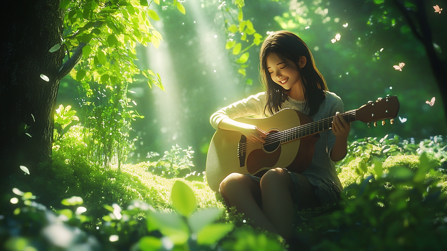 고요한 숲속에서 기타를 연주하는 한국 소녀 햇살이 나무 사이로 비치고 주변에는 푸른 나무와 다양한 식물들이 어우러져 있는 모습 소녀는 편안한 옷을 입고 있으며 기타를