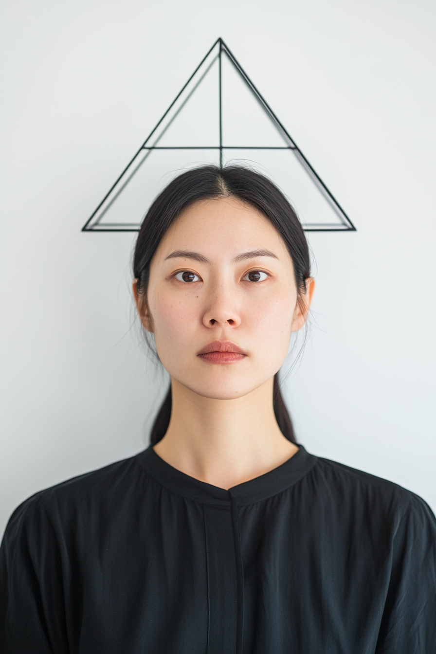 A photo of an Asian woman in her late thirtie. She has black hair tied ...