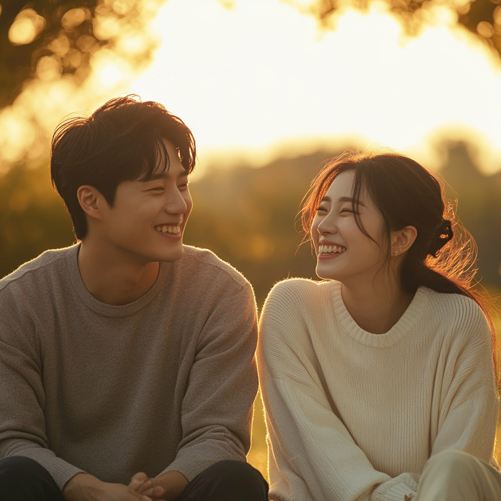 전남친과의 추억을 회상하는 한국인 남성과 여성이 함께 앉아 소중한 순간들을 이야기하는 모습 따뜻한 햇살이 비치는 공원에서 서로를 바라보며 웃고 있는 장면 자연의