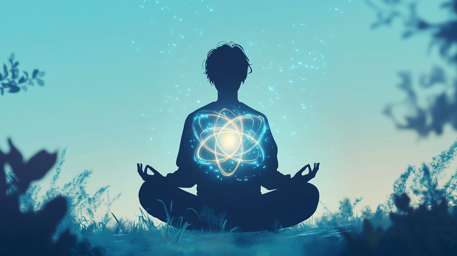 명상 자세로 앉아 있는 한국인의 실루엣 다리는 교차되어 있고 손은 무릎 위에 놓여 있다 배경은 다양한 파란색 그라데이션으로 구성되어 있으며 사람의 가슴 중앙에서 밝은
