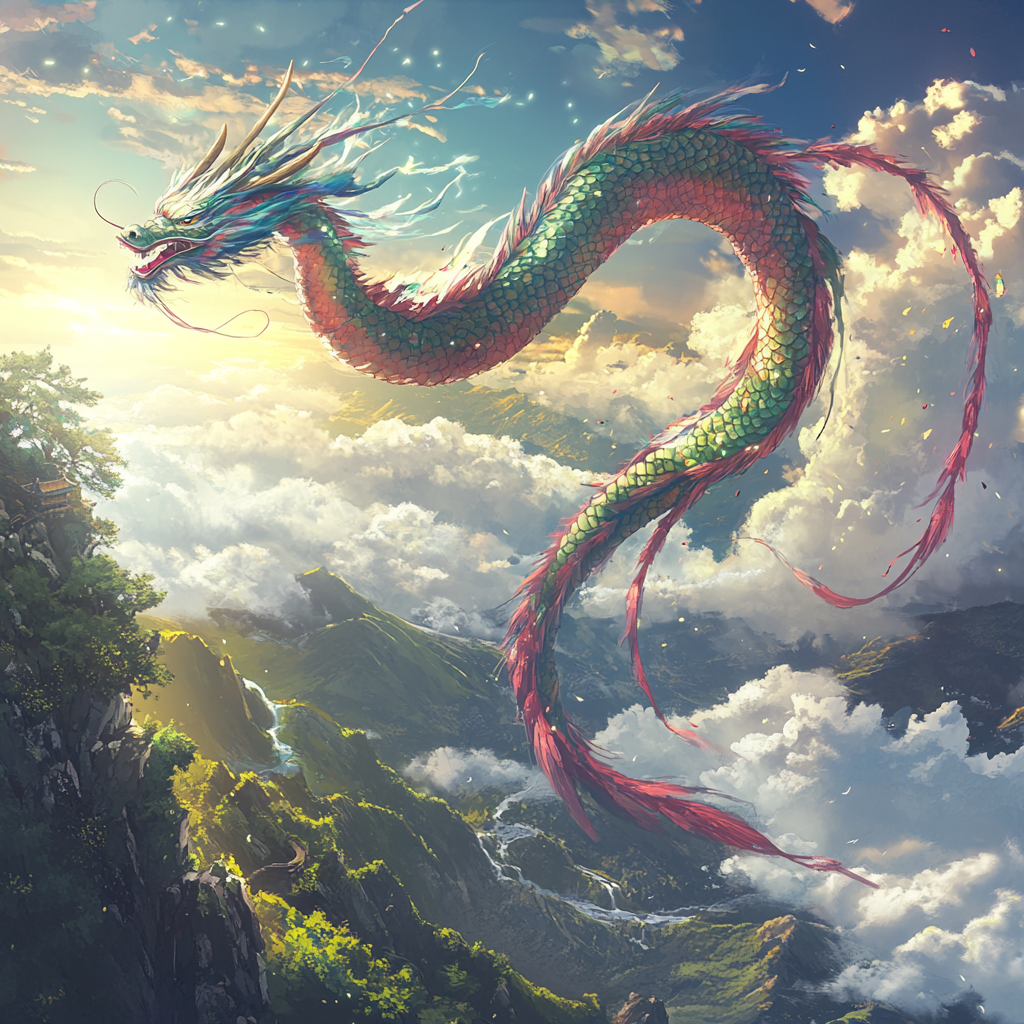 한국의 전통적인 용이 하늘을 나는 모습 화려한 비늘과 길게 늘어진 몸체 구름 속을 유영하며 신비로운 분위기를 자아내는 장면 배경에는 푸른 산과 흐르는 강이 어우러진