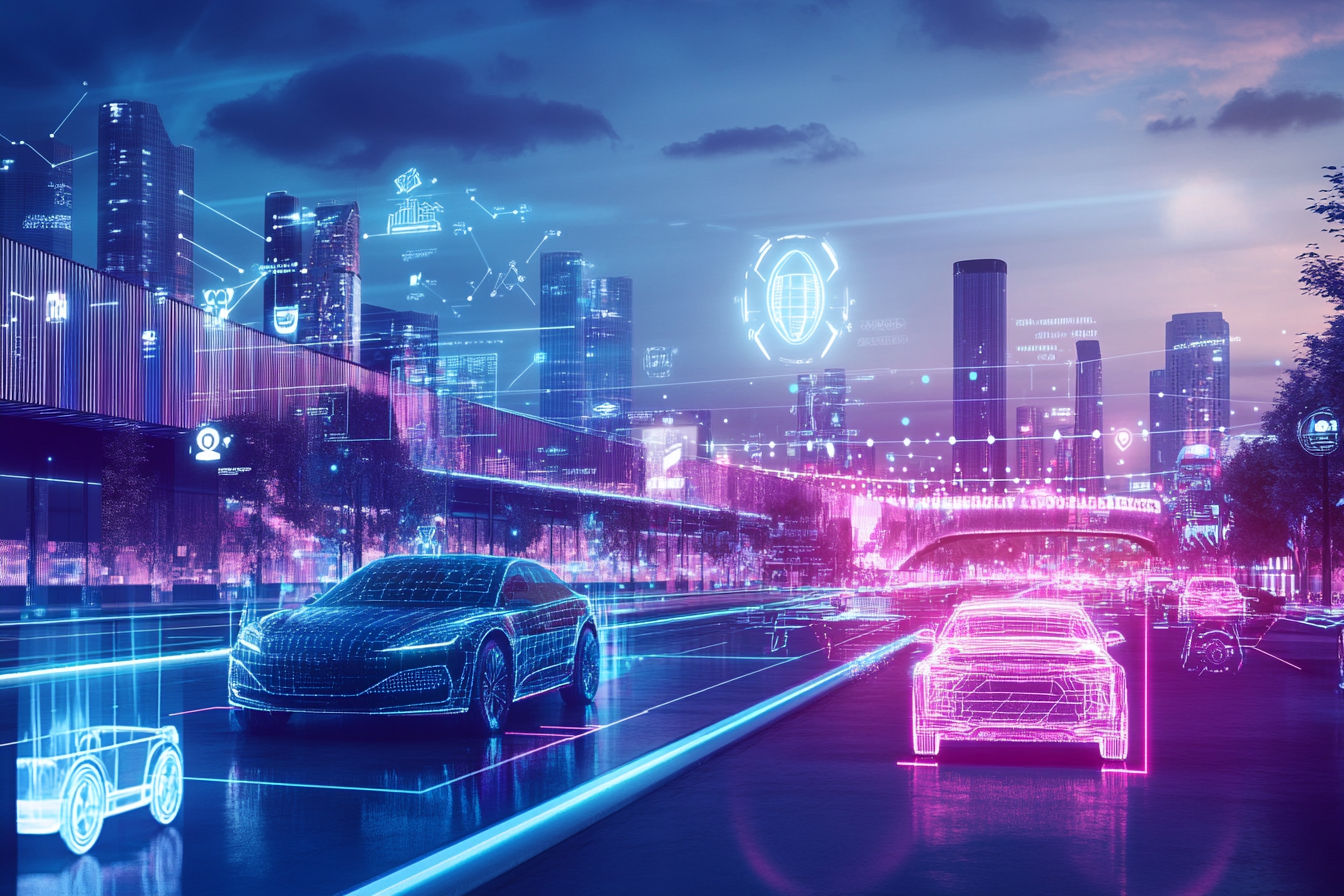 미래적인 디자인의 배경 이미지 인공지능과 지속 가능한 모빌리티 디지털 헬스케어를 상징하는 아이콘과 그래픽을 포함 전기 블루 네온 퍼플 실버 톤의 색상 사용 로고나