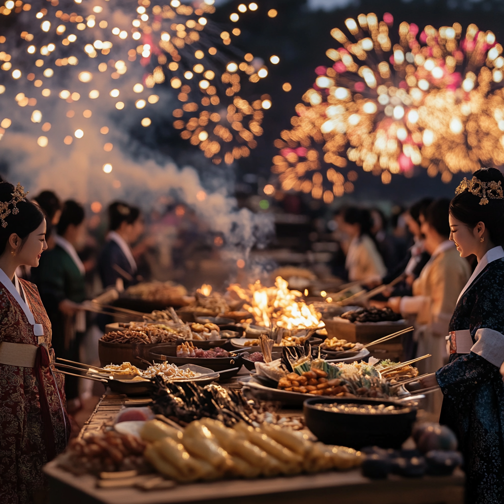 2025년 신년을 맞아 한국 전통 문화를 배경으로 한 축하 장면 화려한 불꽃놀이와 함께 가족들이 모여 새해를 축하하는 모습 전통 한복을 입은 사람들과 함께 맛있는 음식을