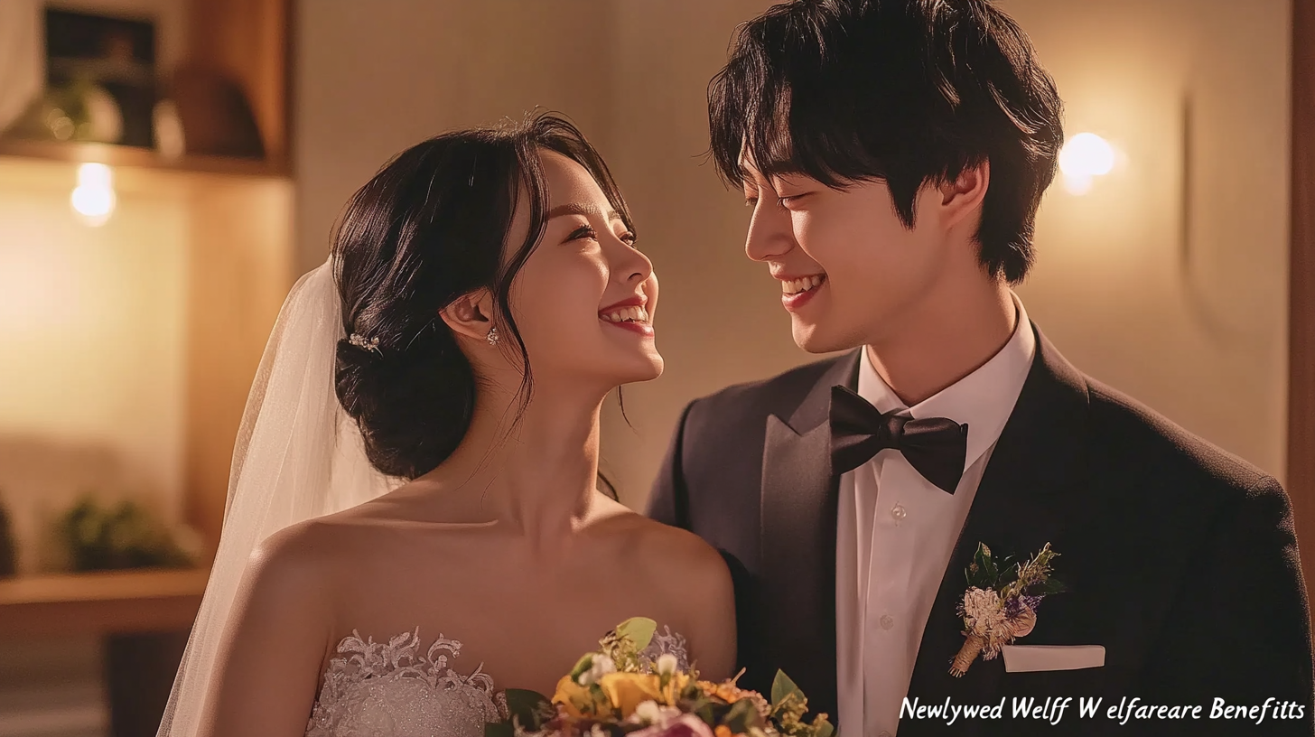 신혼부부 복지혜택 안내글의 타이틀 이미지 부드러운 조명 아래 사랑스러운 한국인 신혼부부가 웃으며 서로를 바라보는 모습 화사한 꽃다발과 함께 웨딩드레스와 턱시도를 입고