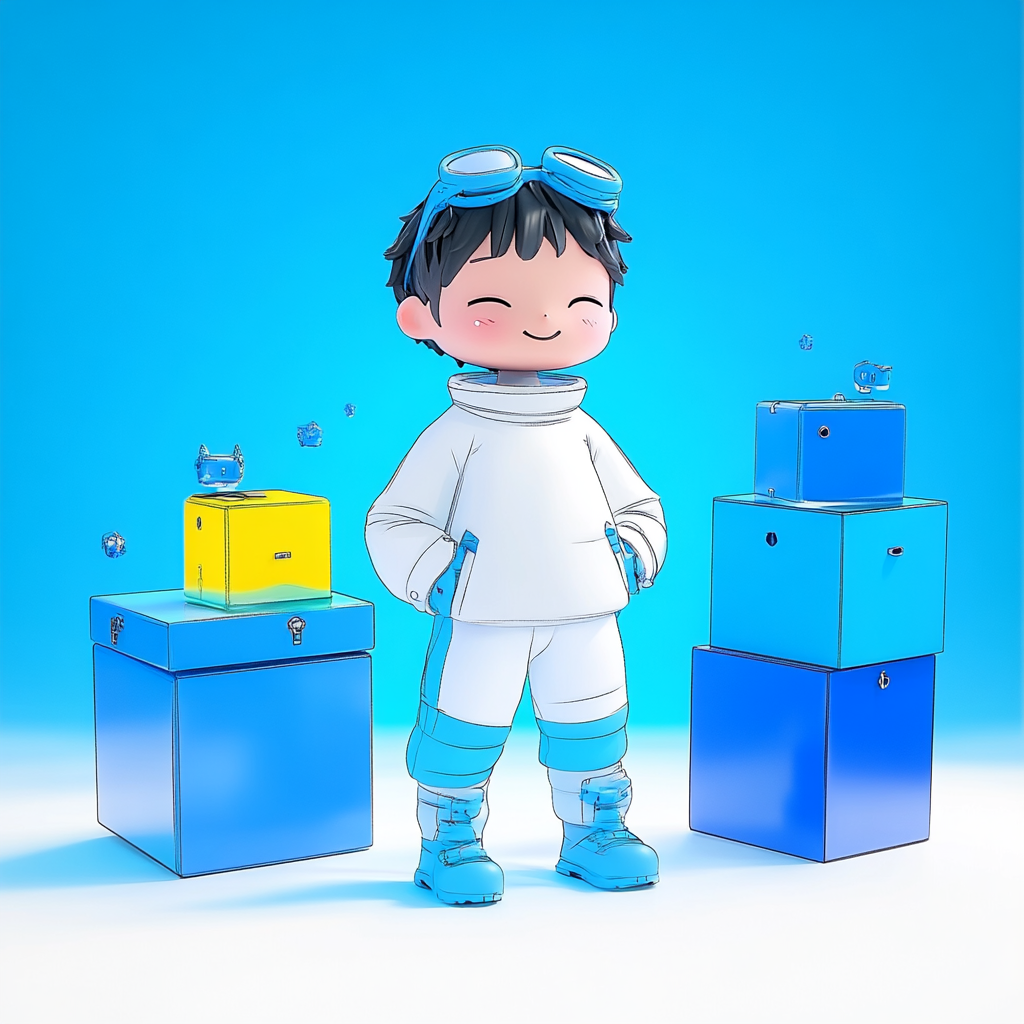 한국인 캐릭터가 파란색 배경 앞에 서 있는 모습 캐릭터는 밝고 즐거운 표정을 짓고 있으며 주변에는 다양한 파란색 톤의 요소들이 어우러져 있는 장면 캐릭터의 의상은