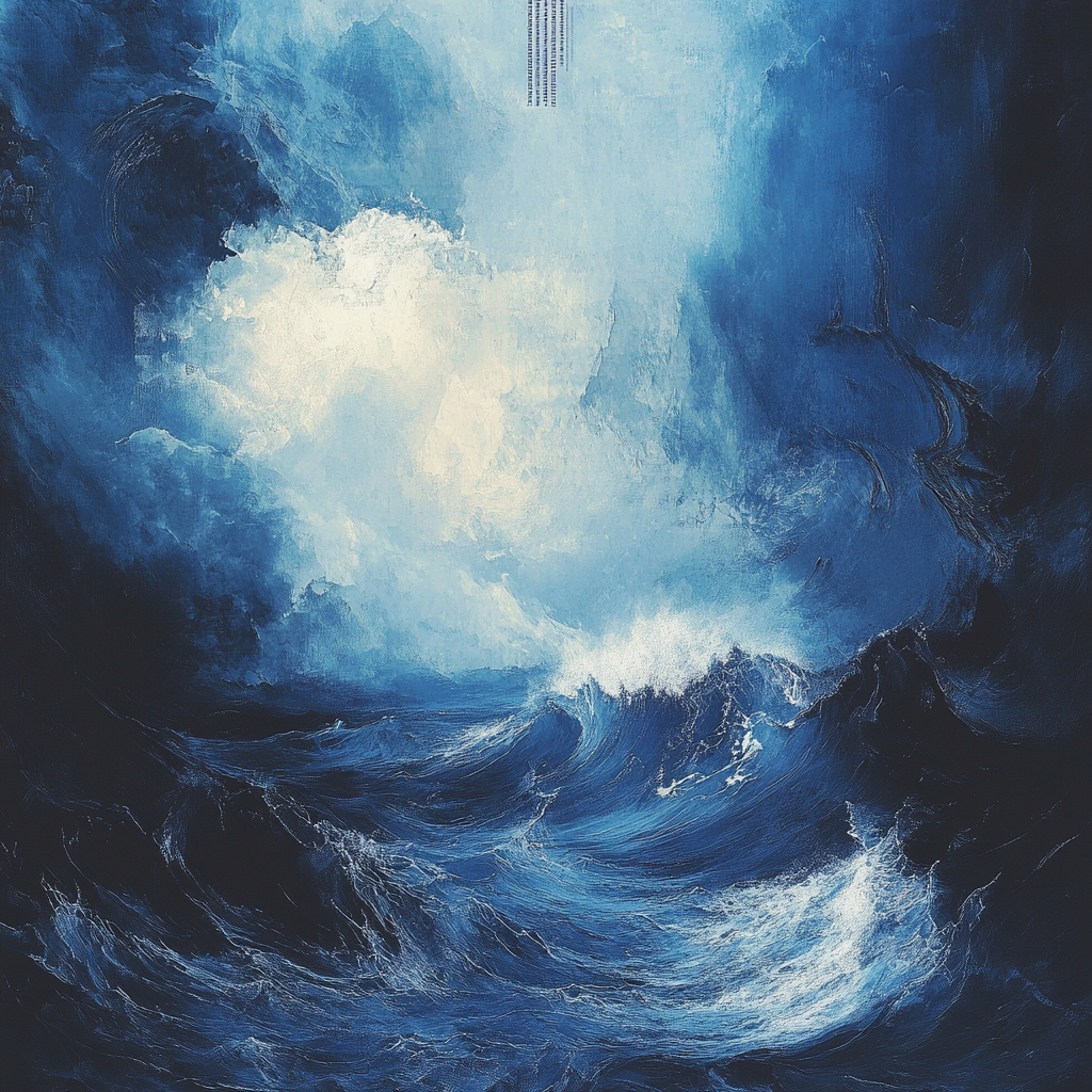 파도와 바람이 강하게 대비되는 풍경을 배경으로 한 앨범 표지 디자인 푸른 바다와 흰색의 파도가 역동적으로 부서지는 모습 그리고 하늘에서 강하게 불어오는 바람을 표현한