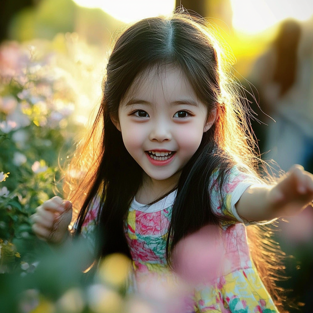 3살 한국인 여자아이 밝은 웃음을 지으며 놀고 있는 모습 화사한 색상의 원피스를 입고 공원에서 꽃과 나무 사이에서 뛰어노는 장면 따뜻한 햇살이 비추는 배경