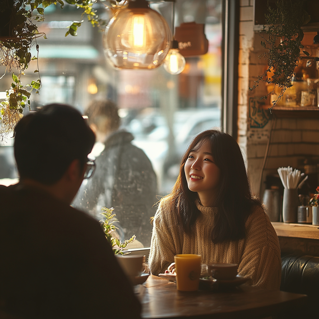 20대 한국 여성 밝은 표정으로 카페에서 친구와 대화하고 있는 모습 자연광이 비치는 창가 아늑한 분위기 캐주얼한 패션 따뜻한 색감의 인테리어 즐거운 순간을 포착한