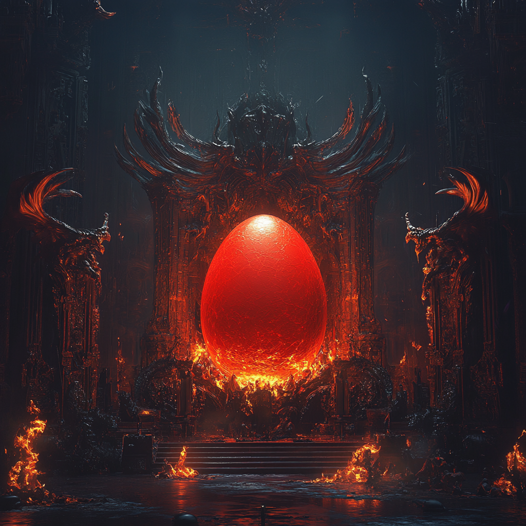 붉은 달걀을 중심으로 한 빨간색 악마 분위기의 웅장한 장면을 그려주세요 배경은 어두운 색조로 설정하고 달걀은 빛나는 붉은색으로 강조하여 신비로운 느낌을 줍니다 주변에는