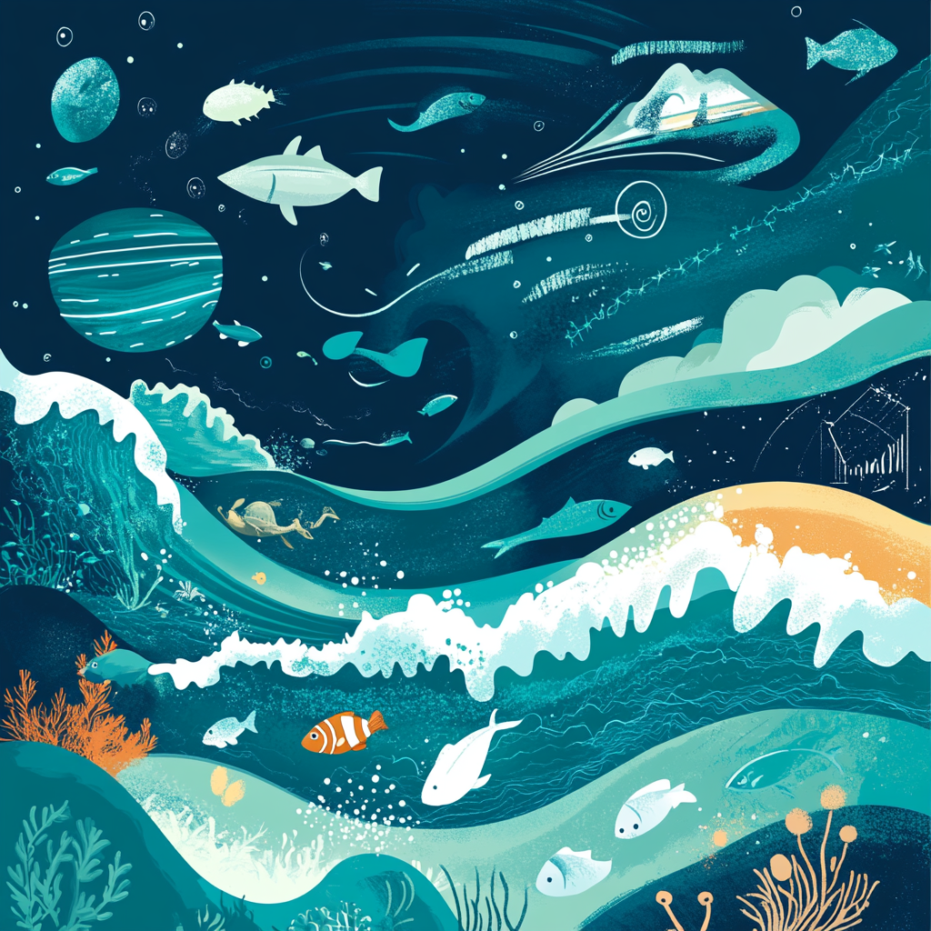 해양학을 주제로 한 이미지: 푸른색 (#0077be)를 배경으로 역동적인 파도가 일렁이는 모습과 다양한 물고기들이 헤엄치는 ...