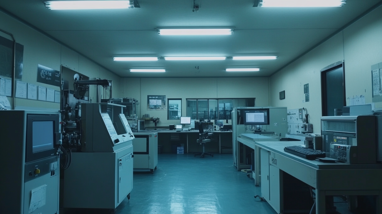 작은 한국의 소규모 공장 내부 넓은 작업 공간이 화면에 펼쳐진다 바닥은 깨끗하게 정리되어 있으며 다양한 기계들이 규칙적으로 배치되어 있다 기계들은 금속성의 차가운