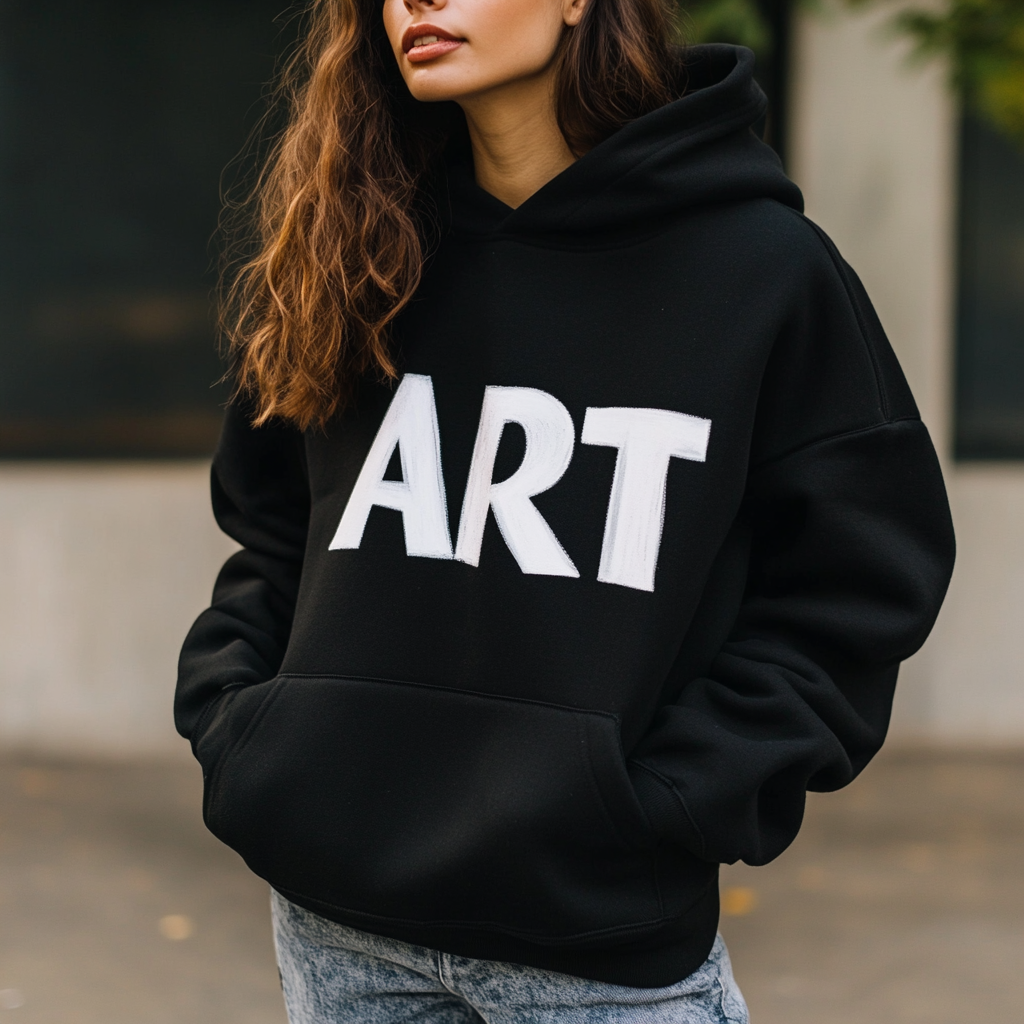 프롬프트 앞면에 예술이라는 단어가 눈에 띄게 인쇄된 스타일리시한 후드티 글씨체는 대담하고 현대적이어야 하며 글자에 창의적이고 예술적인 디자인이 적용되어야 합니다
