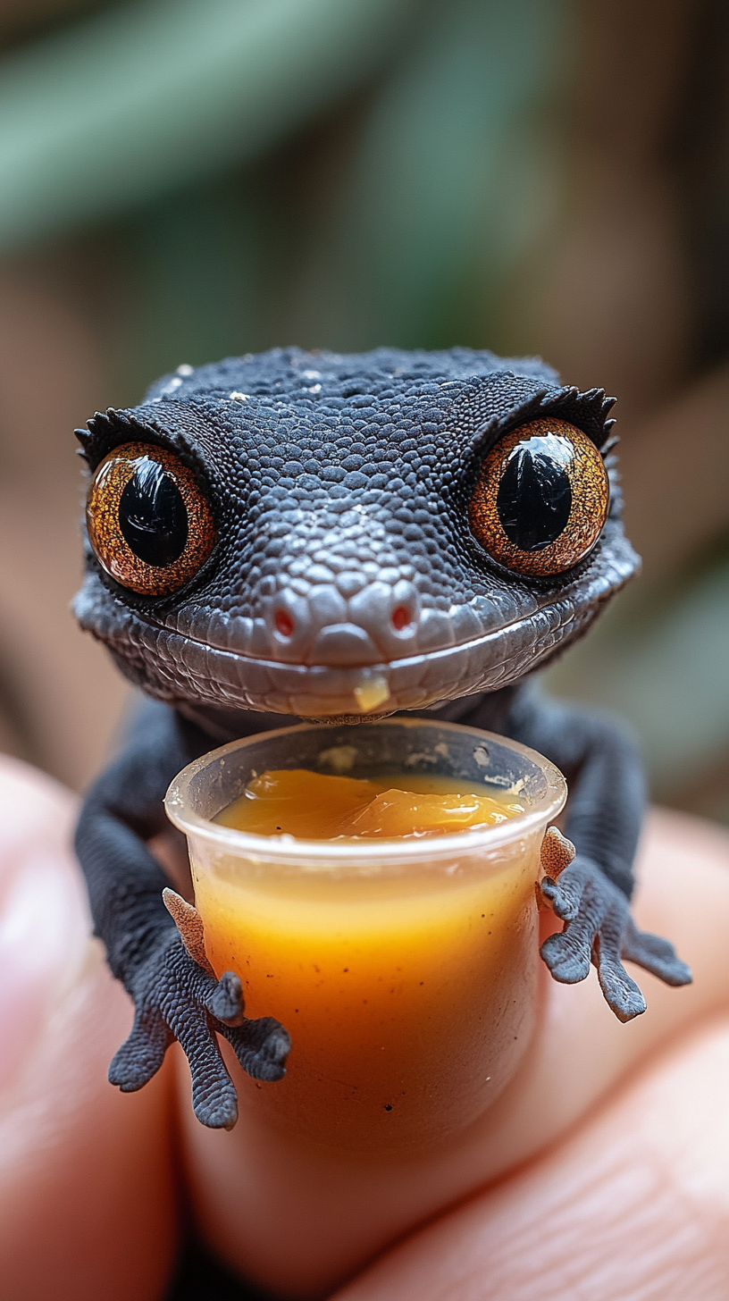 "A close-up of a small dark-colored crested gecko with large eyes and a ...