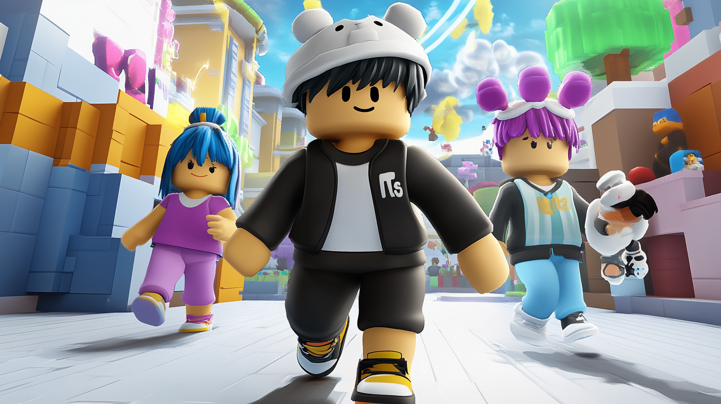 로블록스 스타일의 캐릭터들이 다양한 활동을 하며 즐거운 시간을 보내는 모습 화려한 배경과 함께 다채로운 색상으로 가득 찬 유튜브 채널 배경 캐릭터들은 한국인 소년과