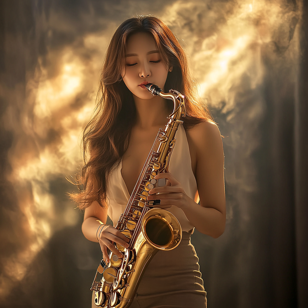 아름다운 30대 또는 40대의 한국인 여성 긴 머리를 가진 그녀가 색소폰을 연주하고 있다 스타일리시한 짧은 치마와 우아한 상의를 입고 있으며 국가 를 대표하는 분위기