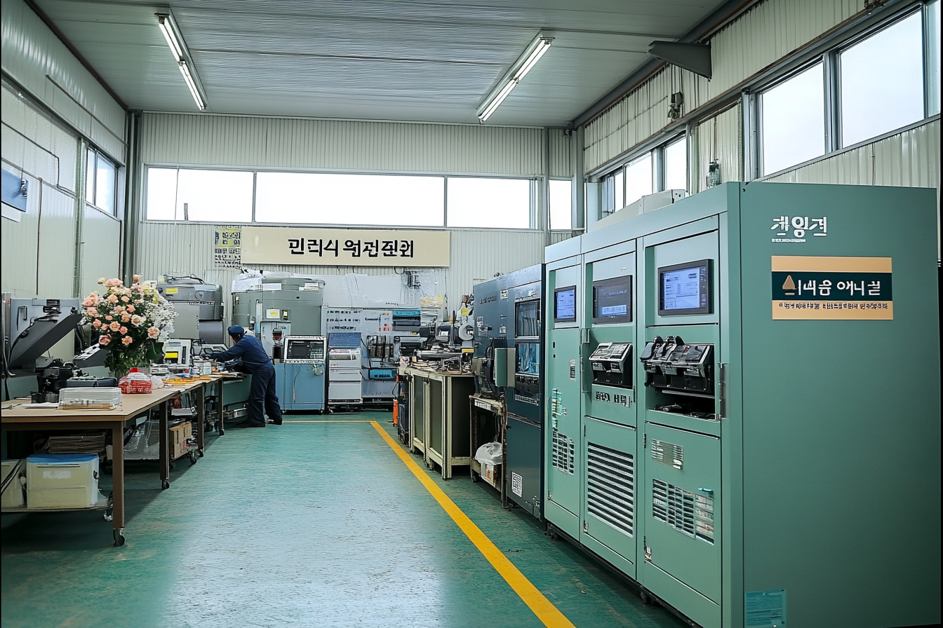 냉장고 장 리폼 공장 내부의 모습 다양한 냉장고 모델들이 작업대에 놓여져 있고 기술자들이 세심하게 작업을 하고 있는 장면 현대적인 기계와 도구들이 배치된 작업 공간